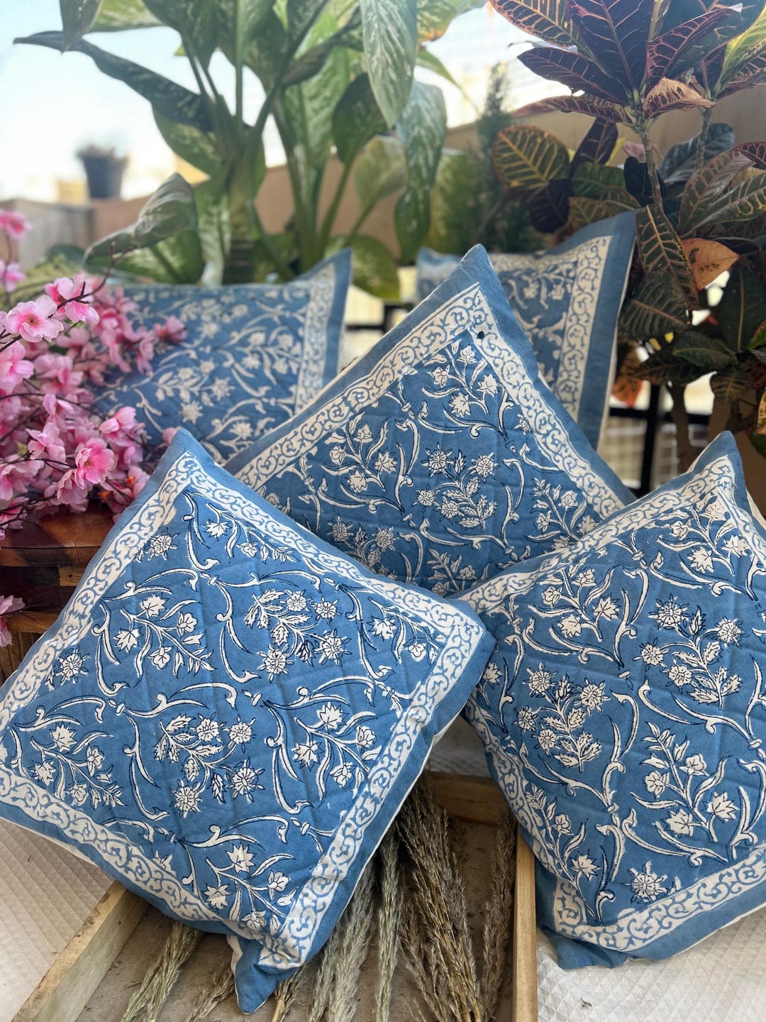 Handcrafted Block Print Bird and Floral Cushion Covers , Handmade Block ...