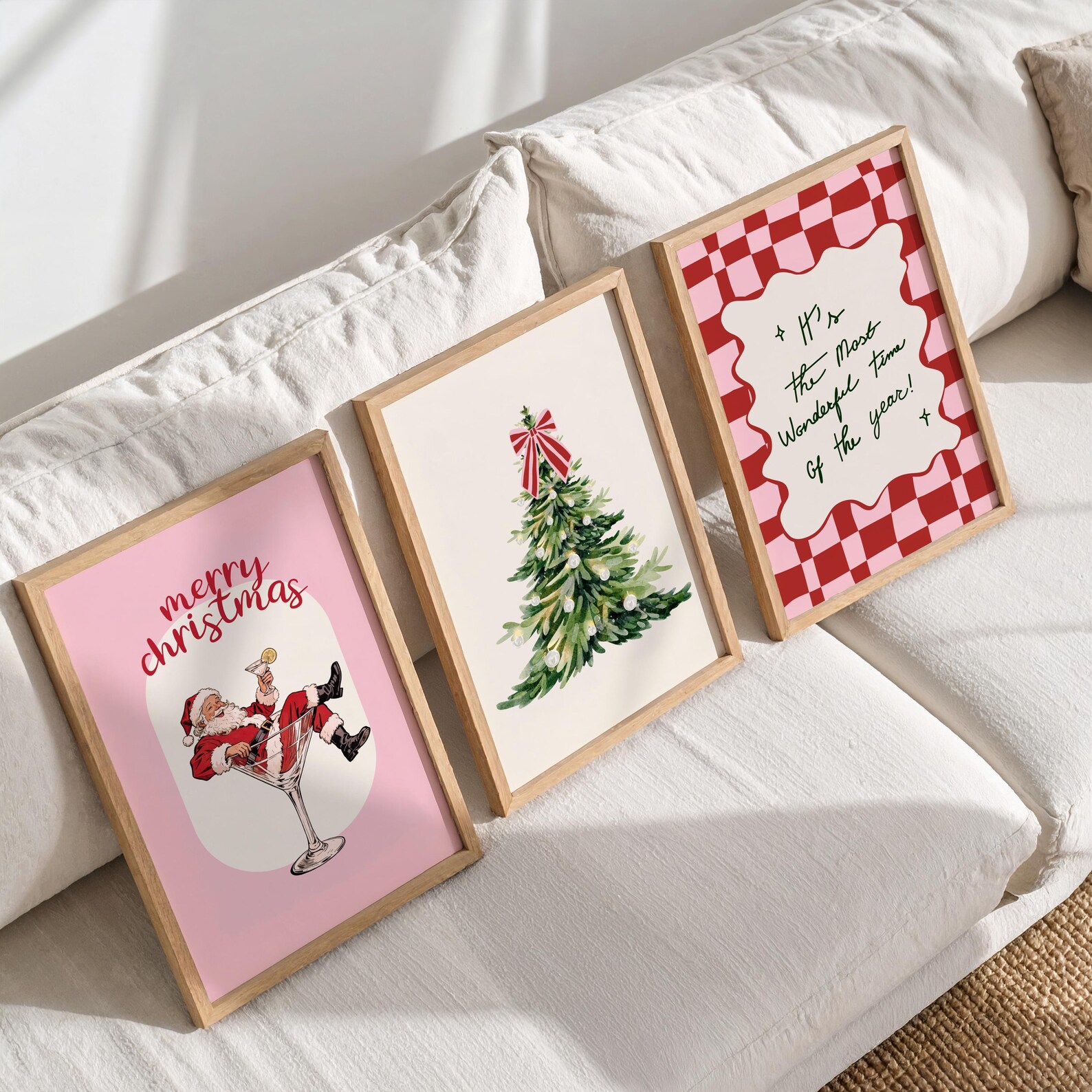 Preppy Christmas Wall Art Set of 12 | Pink & Red Festive Holiday Prints ...