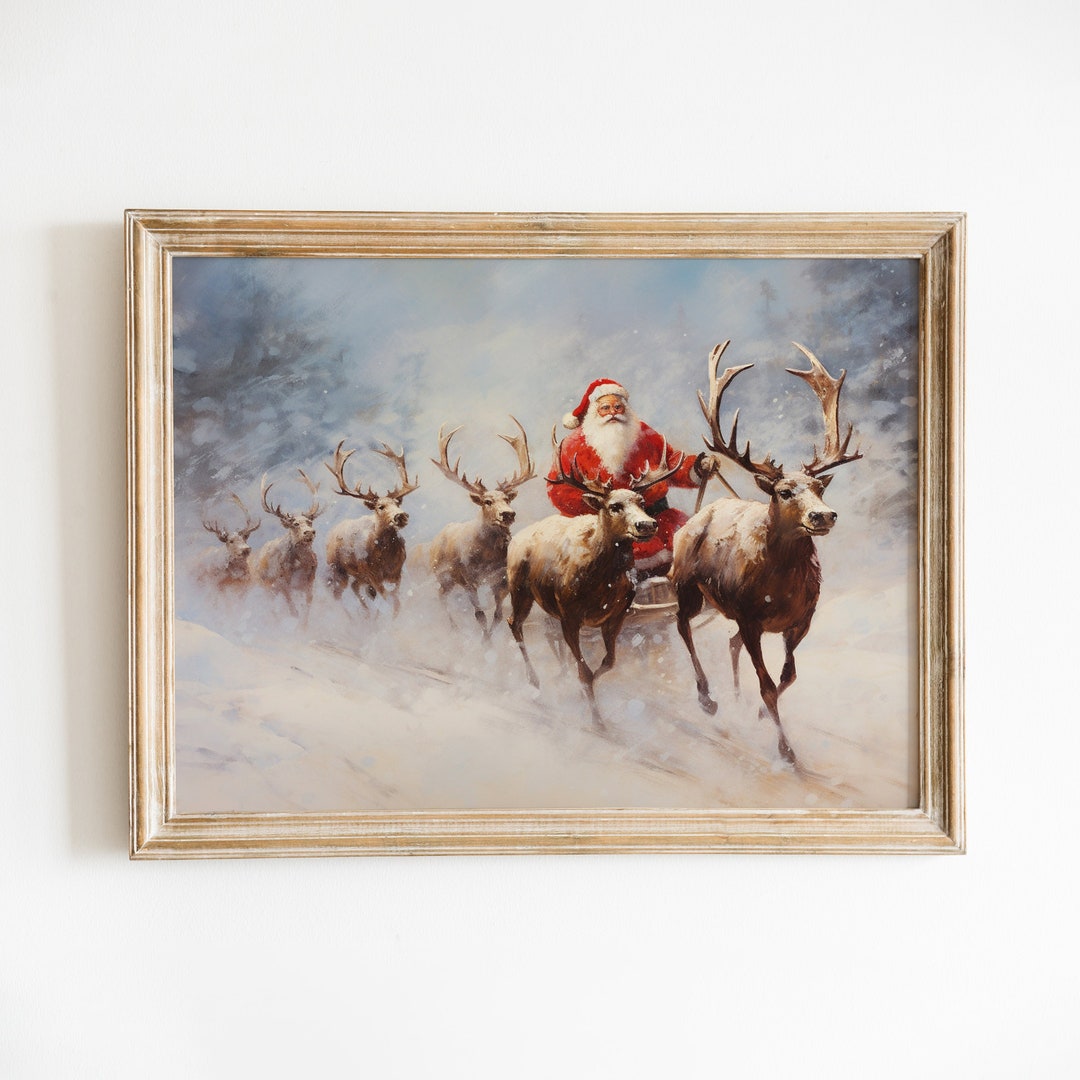 Santa on His Sleigh With Raindeers and Presents Print, Vintage Santa ...