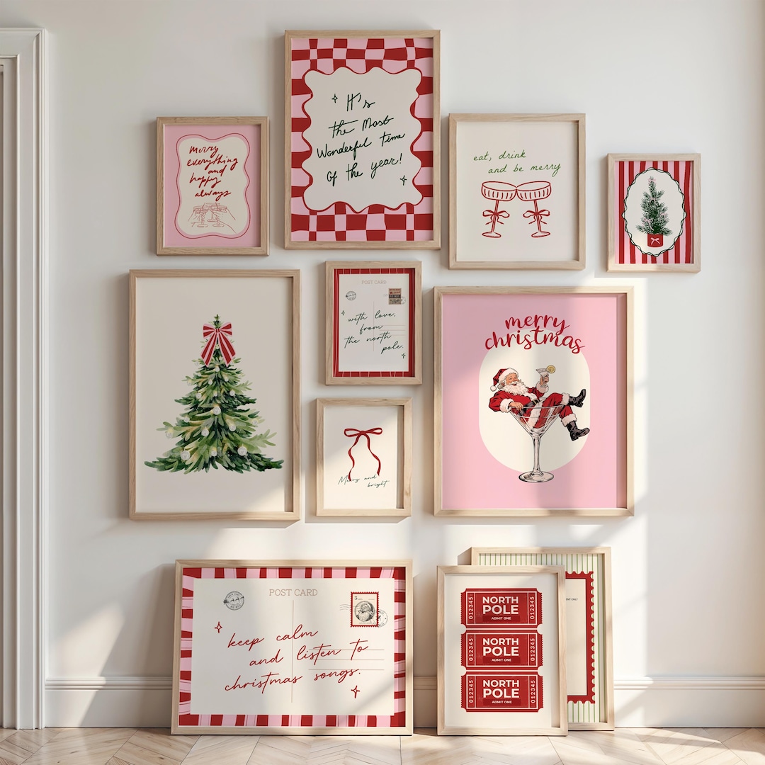 Preppy Christmas Wall Art Set of 12 | Pink & Red Festive Holiday Prints ...