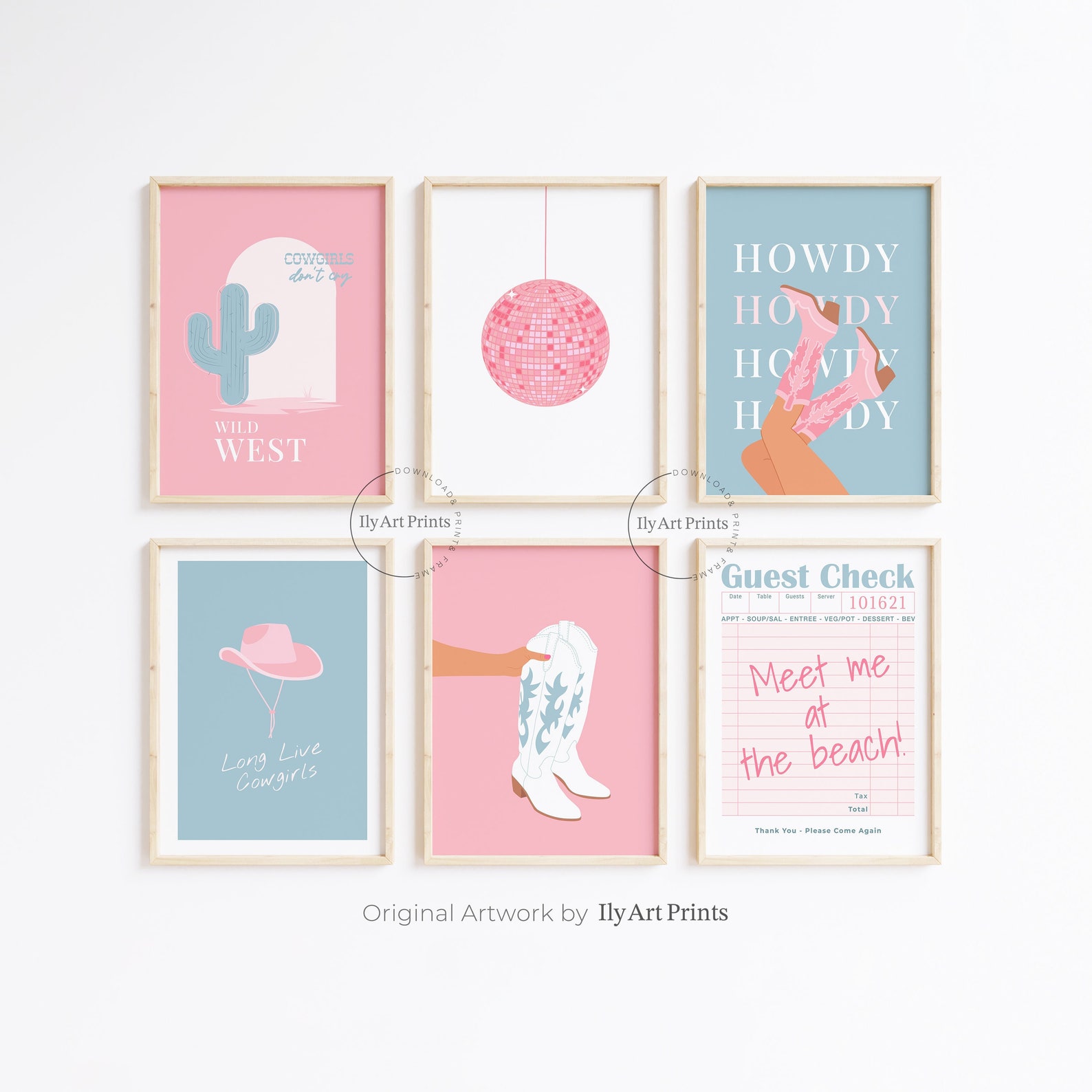 Pink Coastal Disco Cowgirl Print Set of 6, Trendy Preppy Aesthetic ...