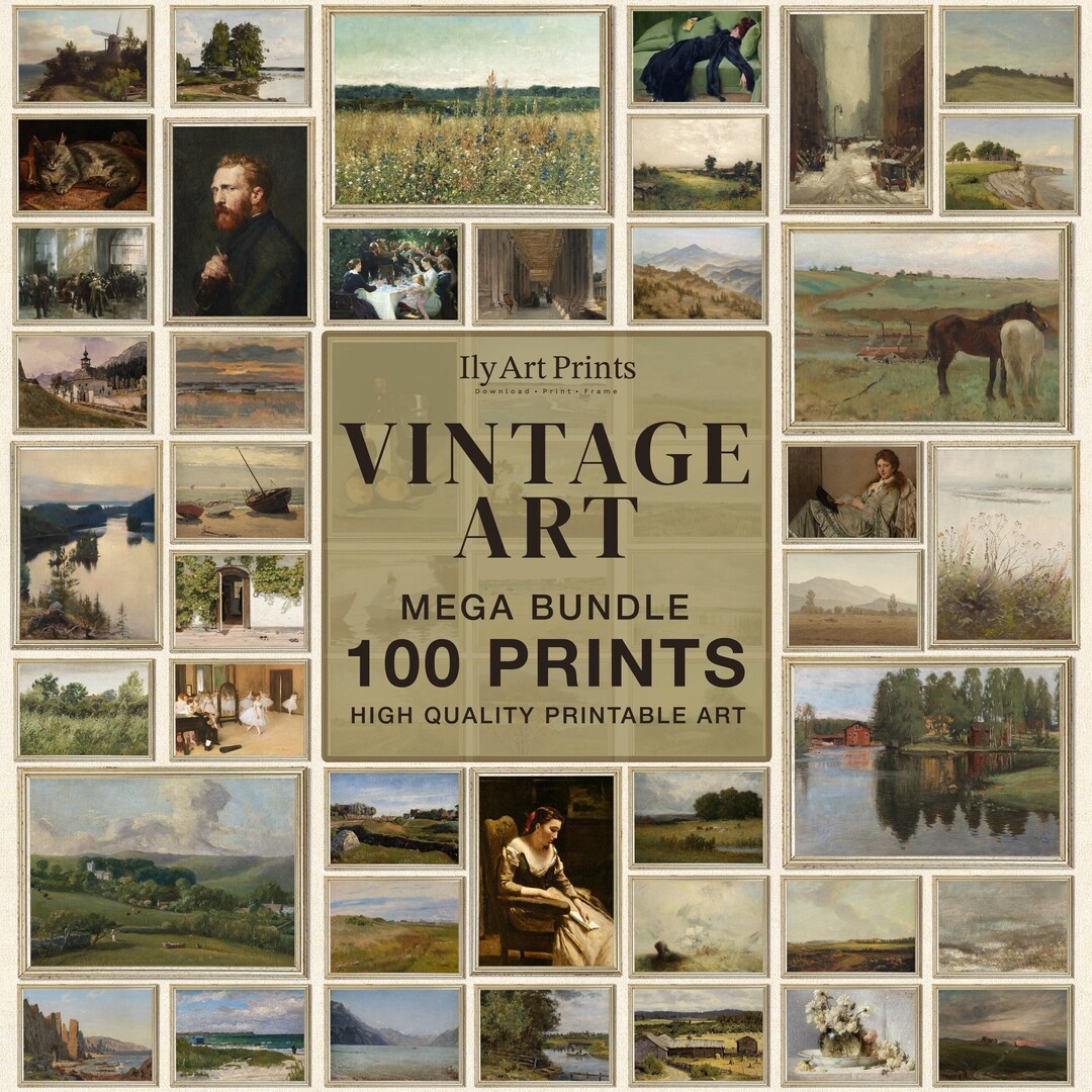 100 Vintage Printable Rustic Wall Art Prints Set, MEGA BUNDLE, Vintage ...
