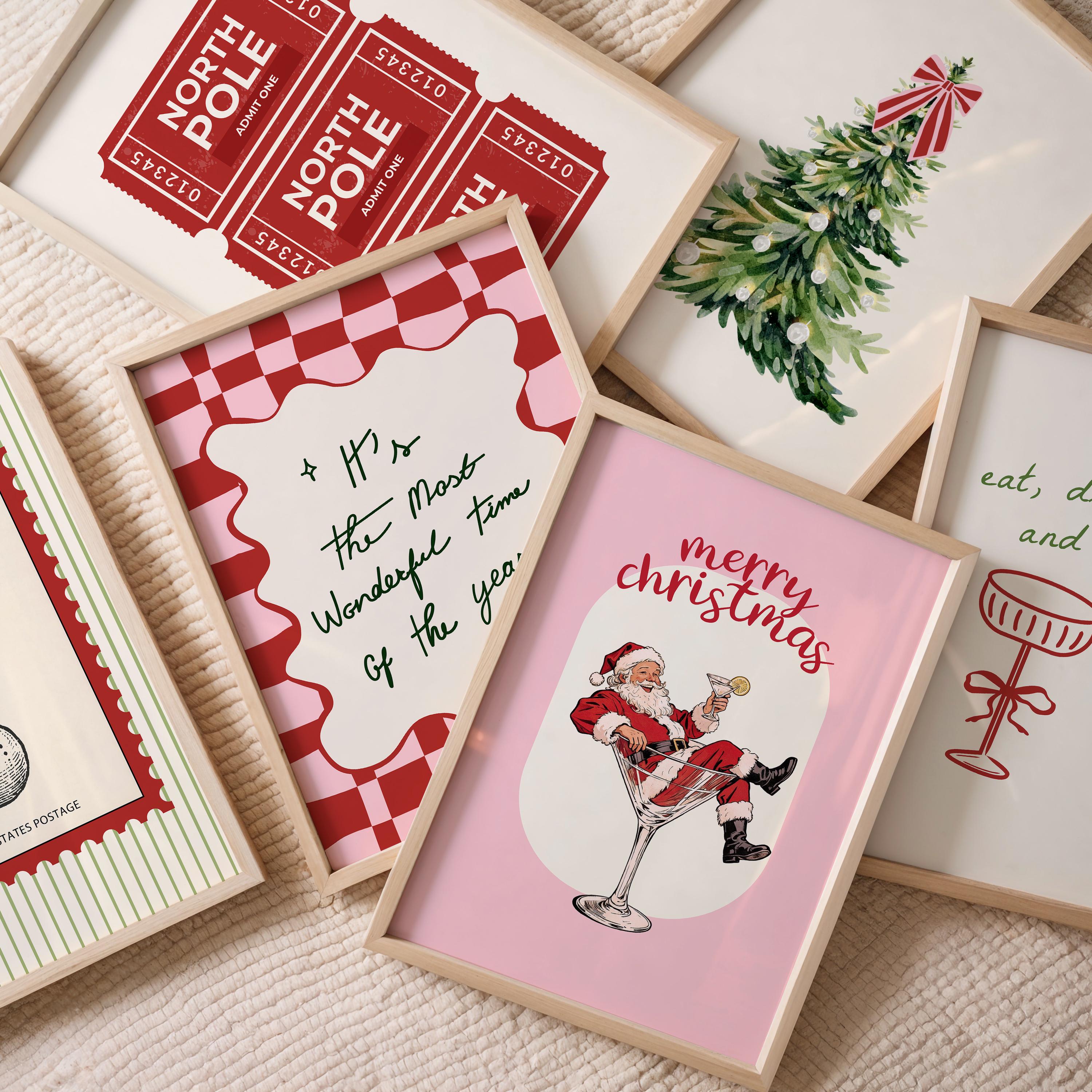 Preppy Christmas Wall Art Set of 12 | Pink & Red Festive Holiday Prints ...