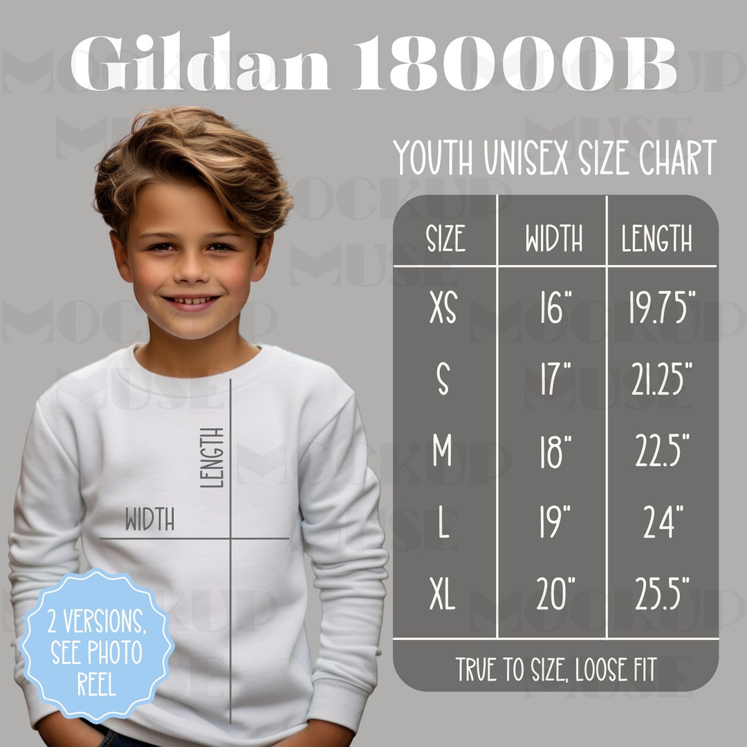 Gildan 18000B Size Chart, Youth Sweatshirt Size Chart, Gildan 18000B ...