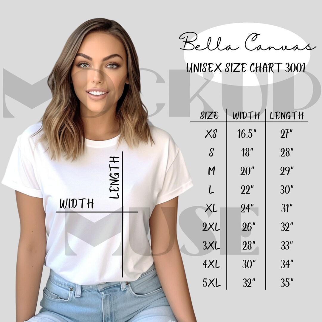 Bella Canvas 3001 Size Chart BC 3001 Size Chart Bella Size Chart Mockup ...