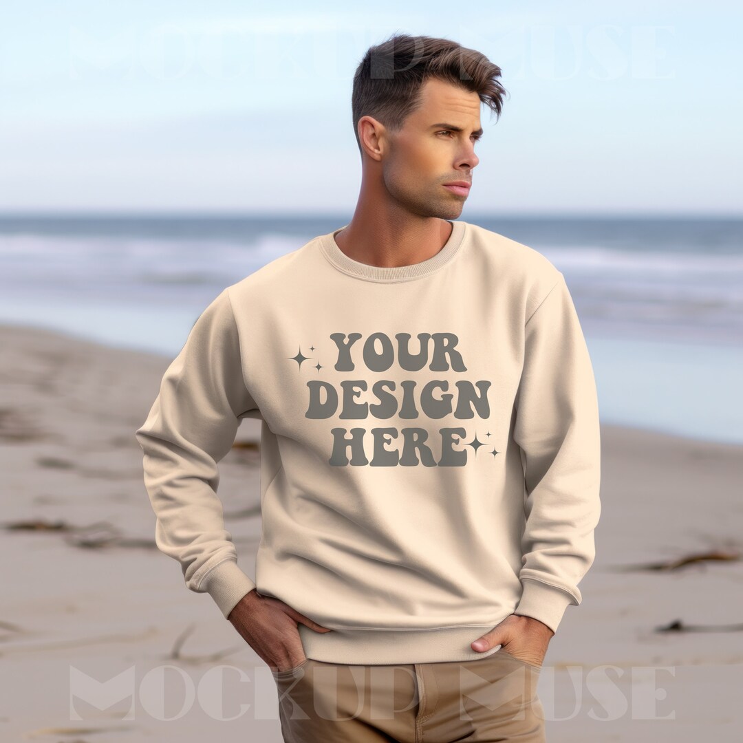 Gildan Sand Sweatshirt Mockup Male Model G180 Sand Mockup Sand Gildan ...