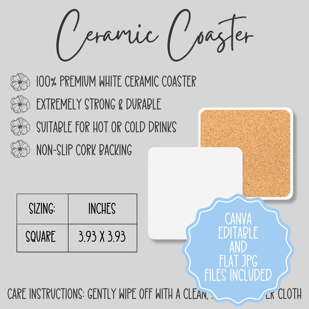Square Ceramic Coaster Mockup Size Chart With Product Details Canva ...