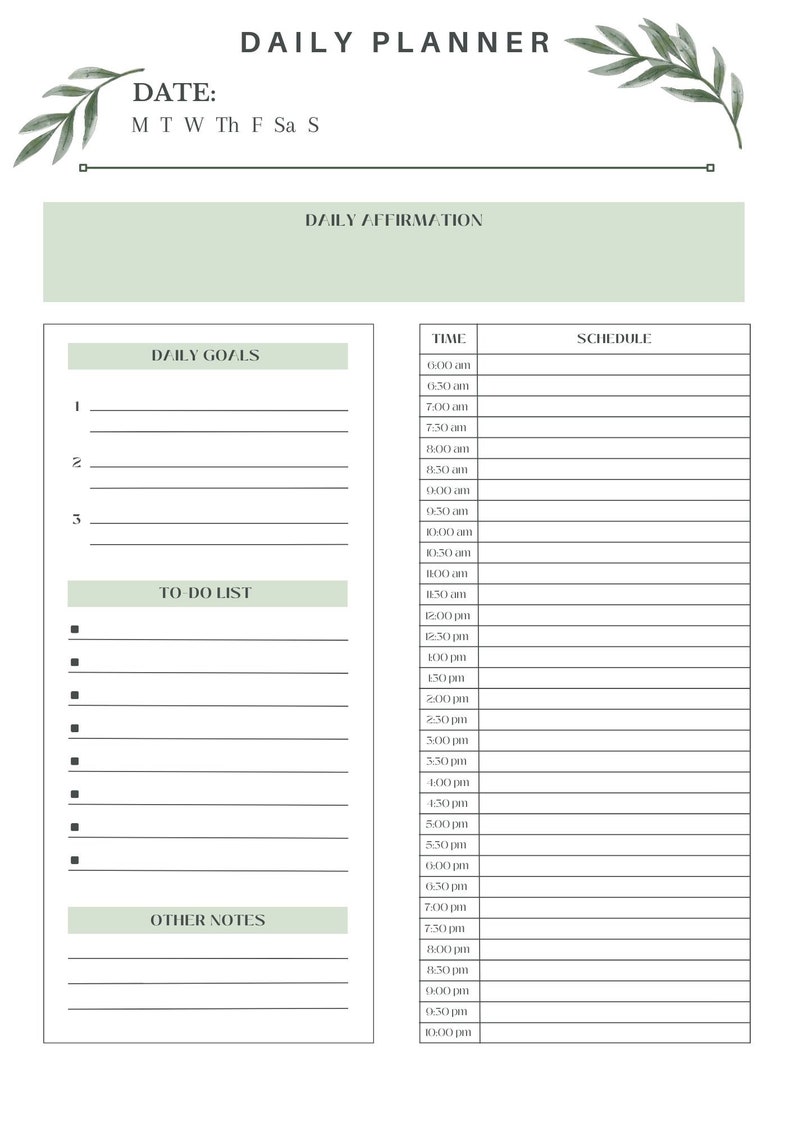 Instant Download Daily Planner, Printable Digital Planner, Green ...