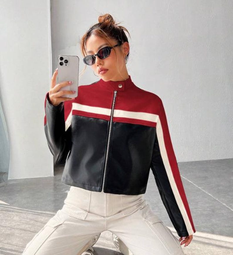 Colorblock Sheep Leather Biker Jacket | Cropped Moto Jacket - Etsy