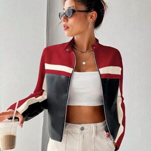 Women's Colorblock Biker Jacket | Handmade Sheep Leather Motorcycle ...