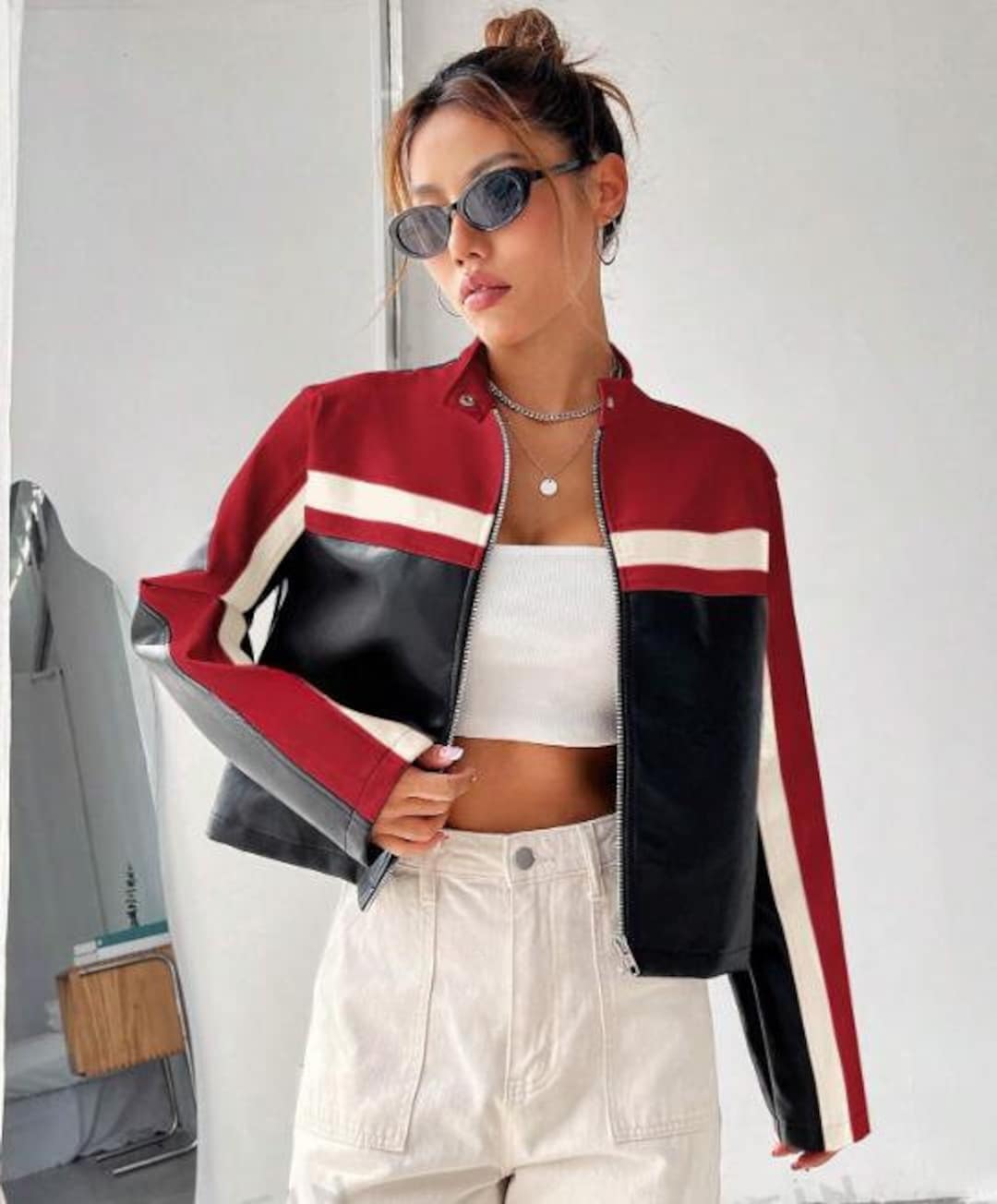 Colorblock Sheep Leather Biker Jacket | Cropped Moto Jacket - Etsy