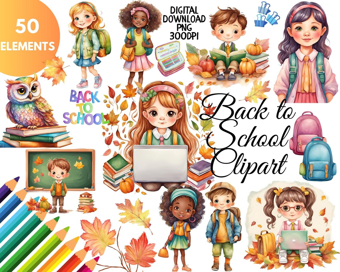 Watercolor Back to School Clipart School Bus, Pupils, Pencil, Teacher ...