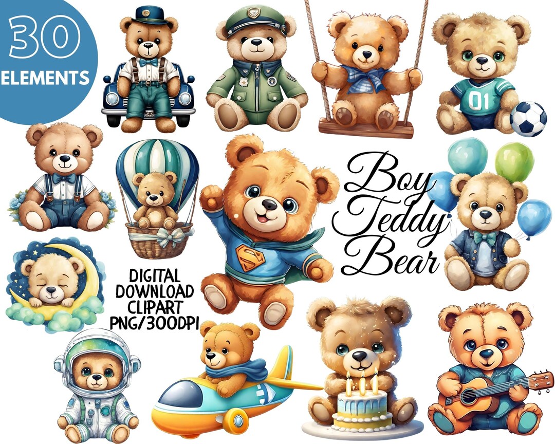 Boy Teddy Bear Clipart Bundle, Birthday Party Decor,baby Shower for a ...