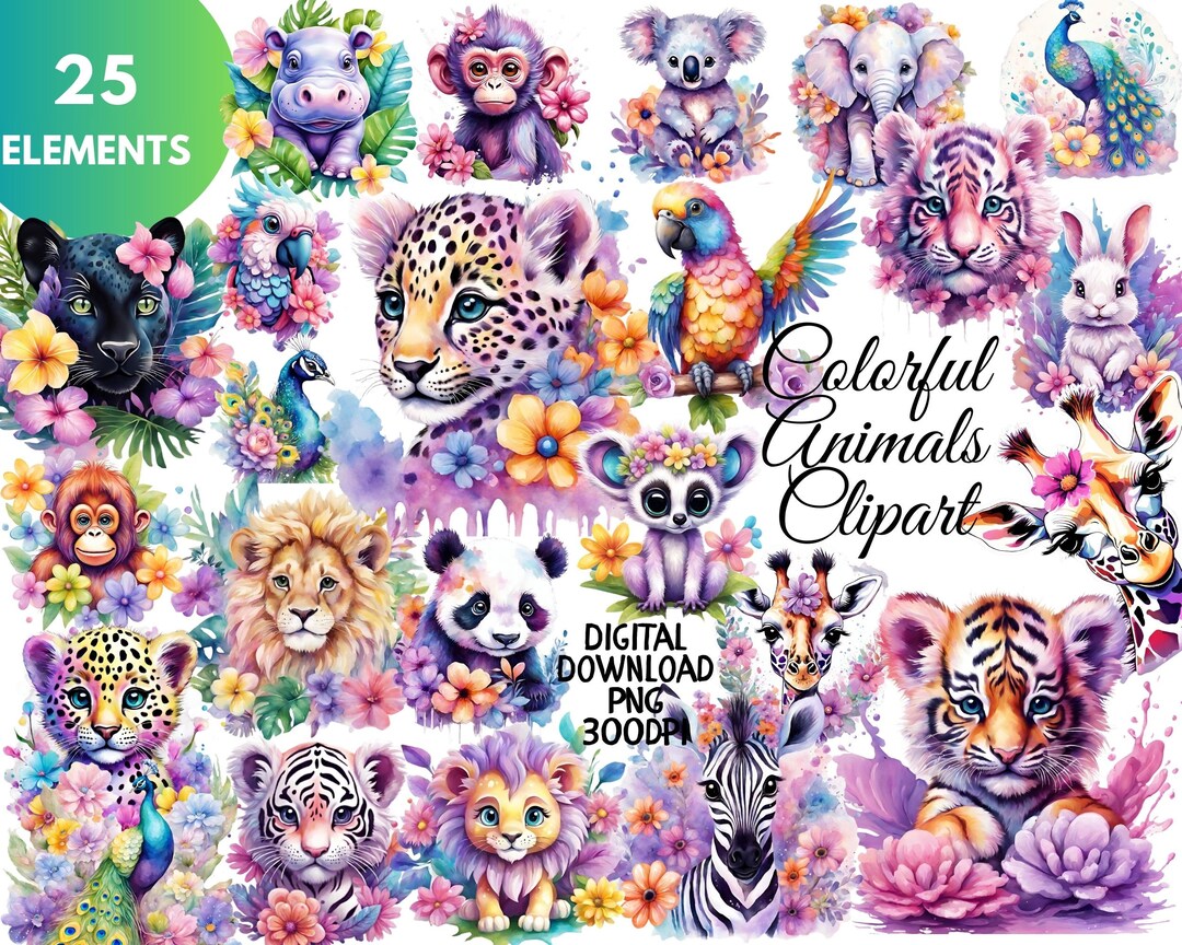 Colorful Jungle Animals Clipart, Watercolor Wild Animal Clipart, Baby ...