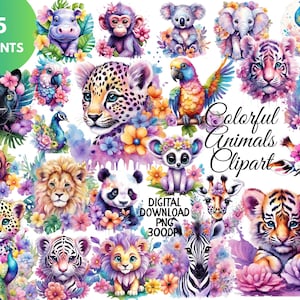 Colorful Jungle Animals Clipart, Watercolor Wild Animal Clipart, Baby ...