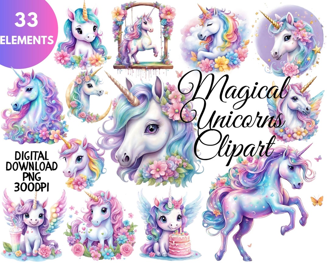 Rainbow Unicorn Clipart Bundle, Commercial Use PNG, Magic Unicorn PNG ...
