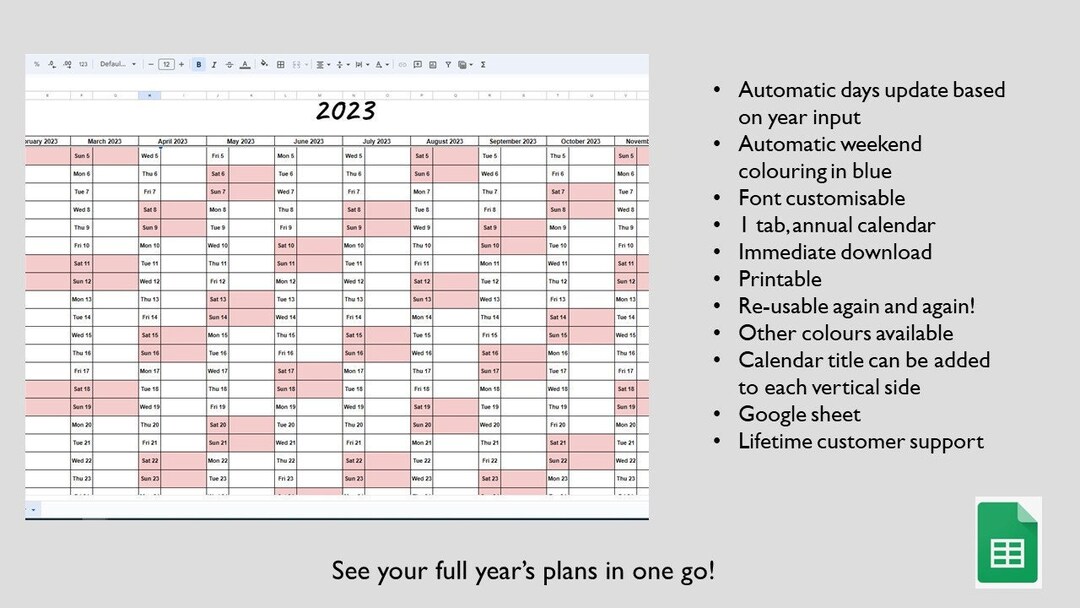 Digital Any Year Calendar Template (pink) - Google Sheet - Etsy