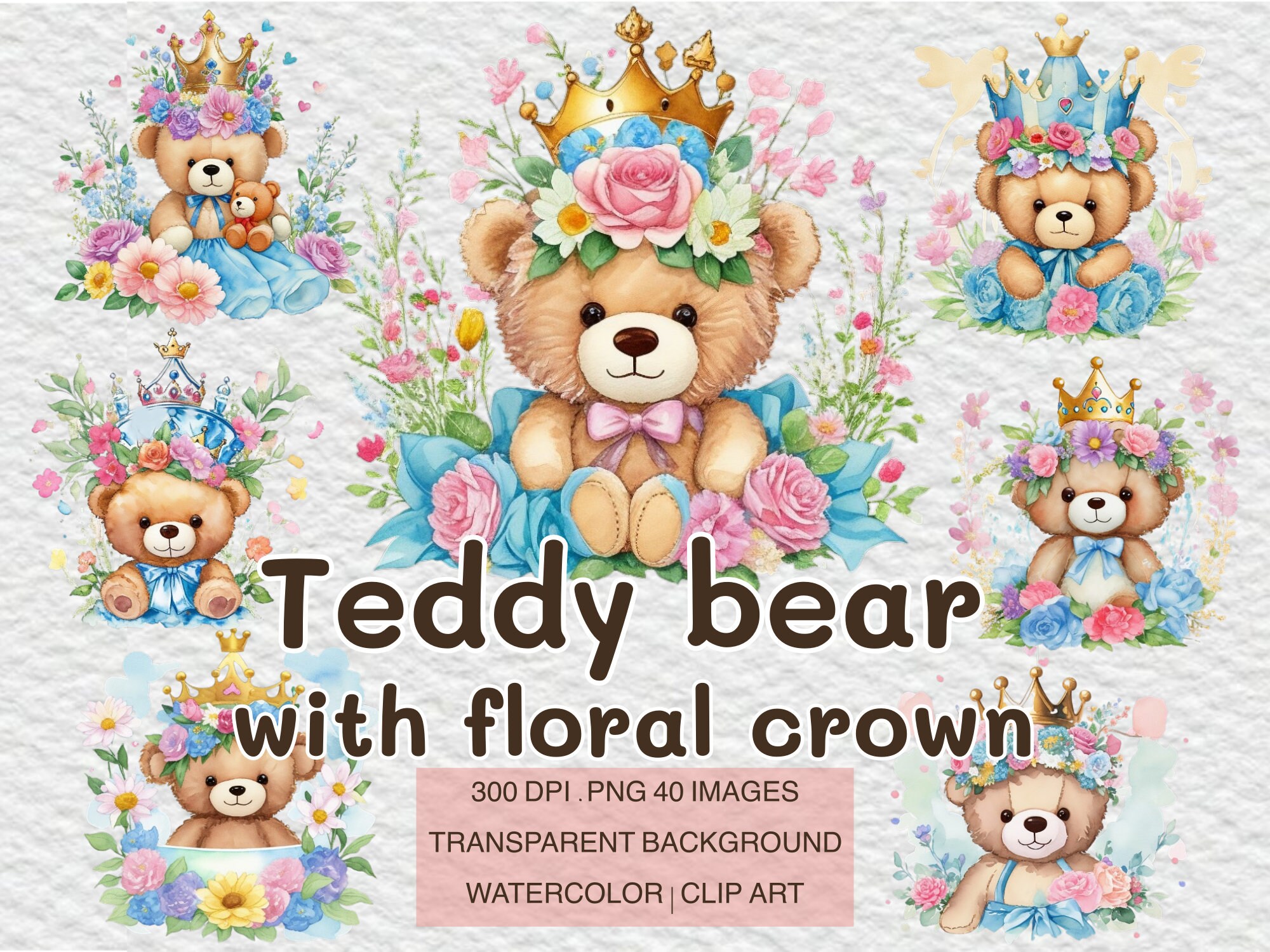 Watercolor Cute Teddy Bear With Floral Crown, Clip Art, High Quality ...