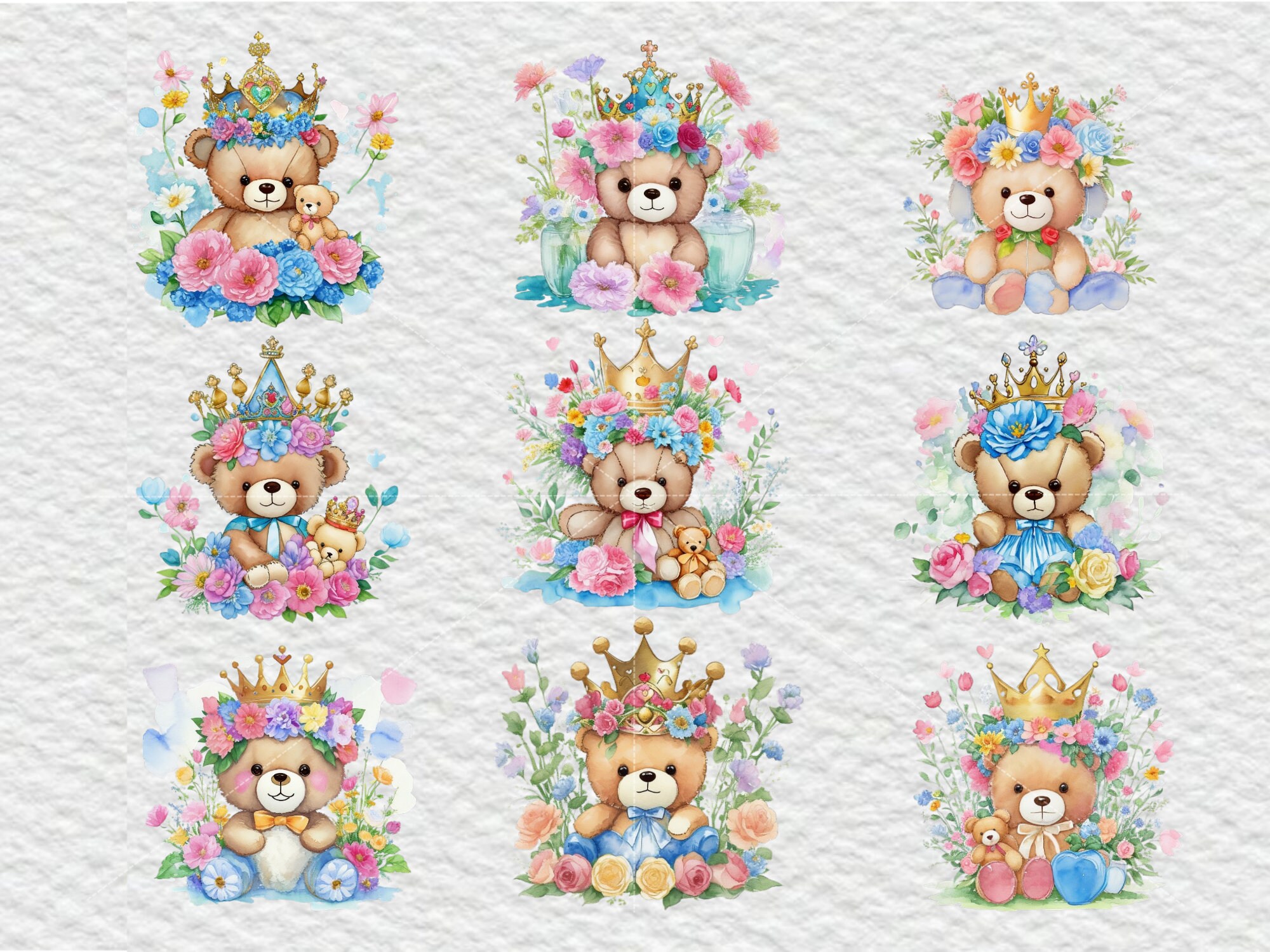 Watercolor Cute Teddy Bear With Floral Crown, Clip Art, High Quality ...
