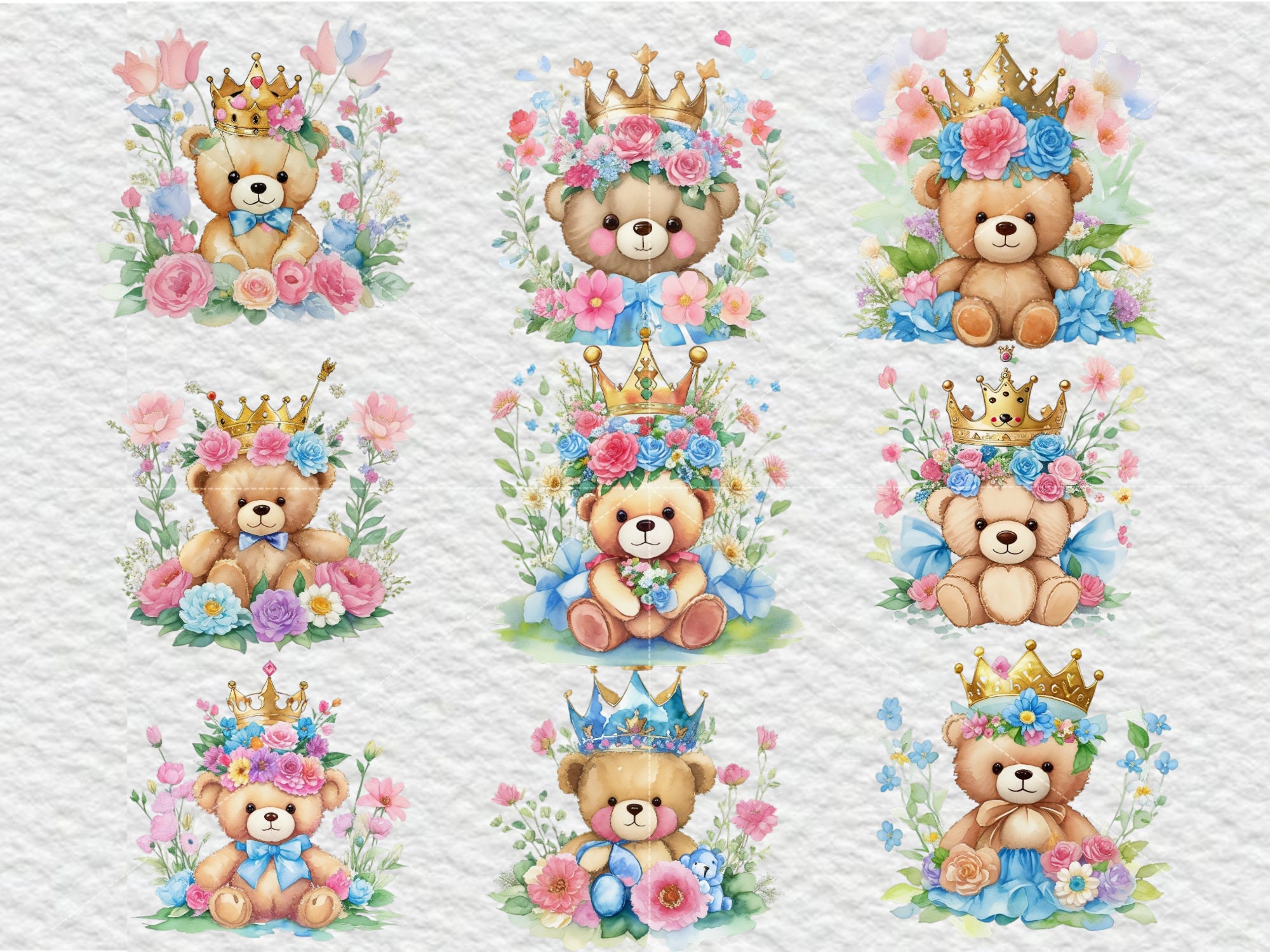 Watercolor Cute Teddy Bear With Floral Crown, Clip Art, High Quality ...