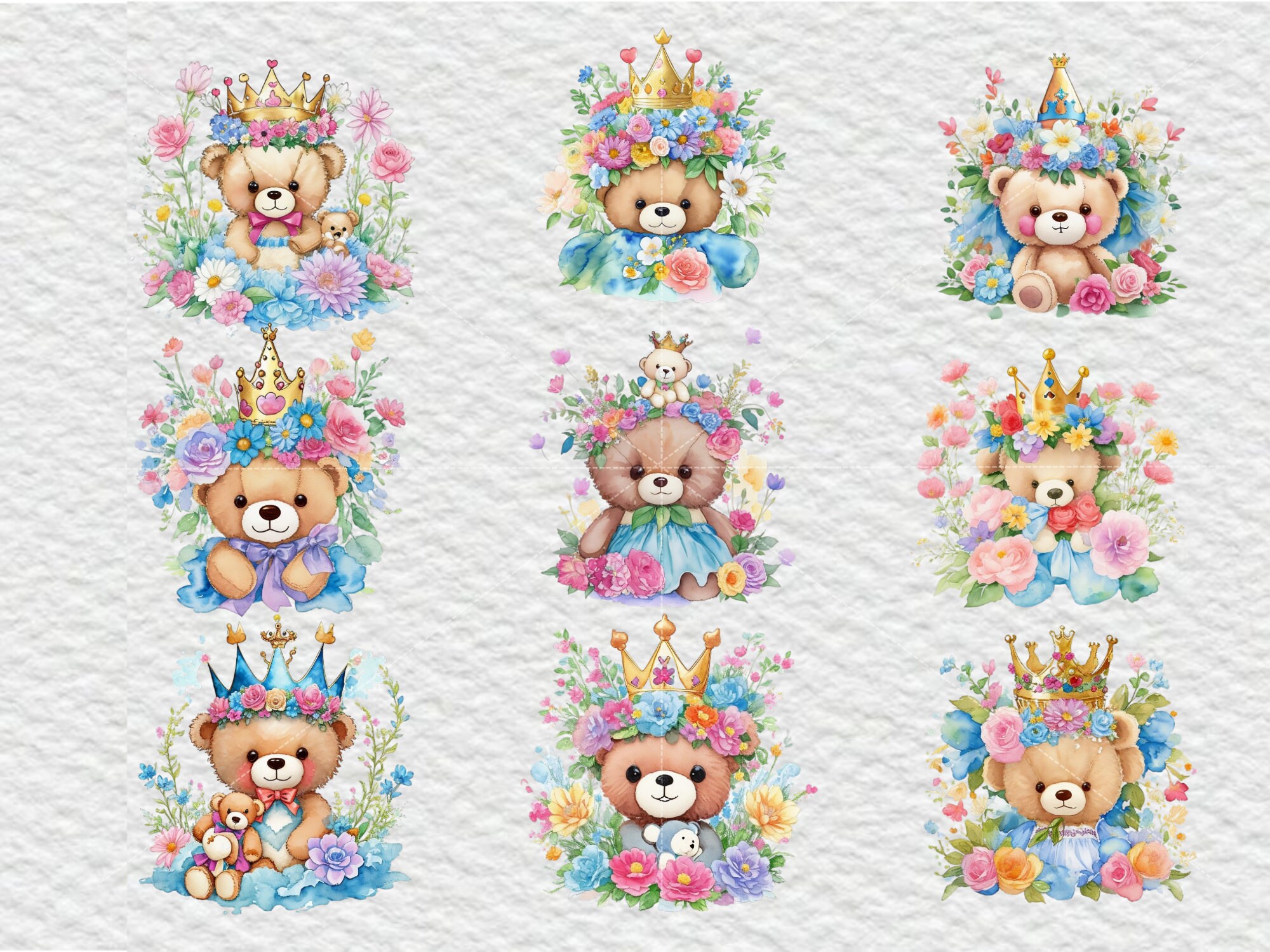 Watercolor Cute Teddy Bear With Floral Crown, Clip Art, High Quality ...