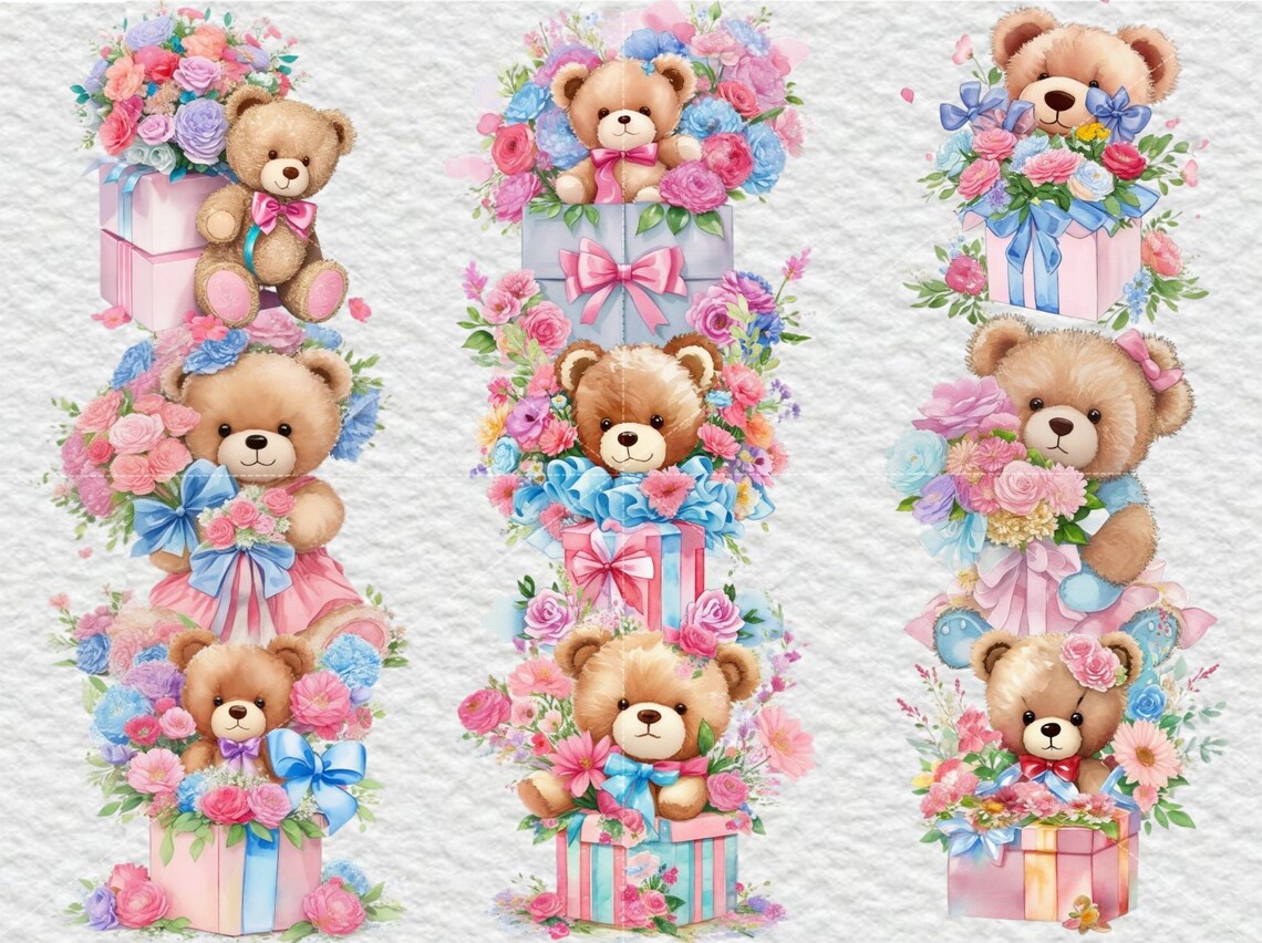 Watercolor Cute Teddy Bear Gift Box Clip Art High Quality - Etsy