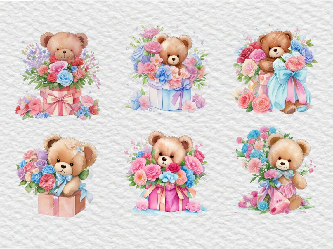 Watercolor Cute Teddy Bear Gift Box Clip Art High Quality - Etsy