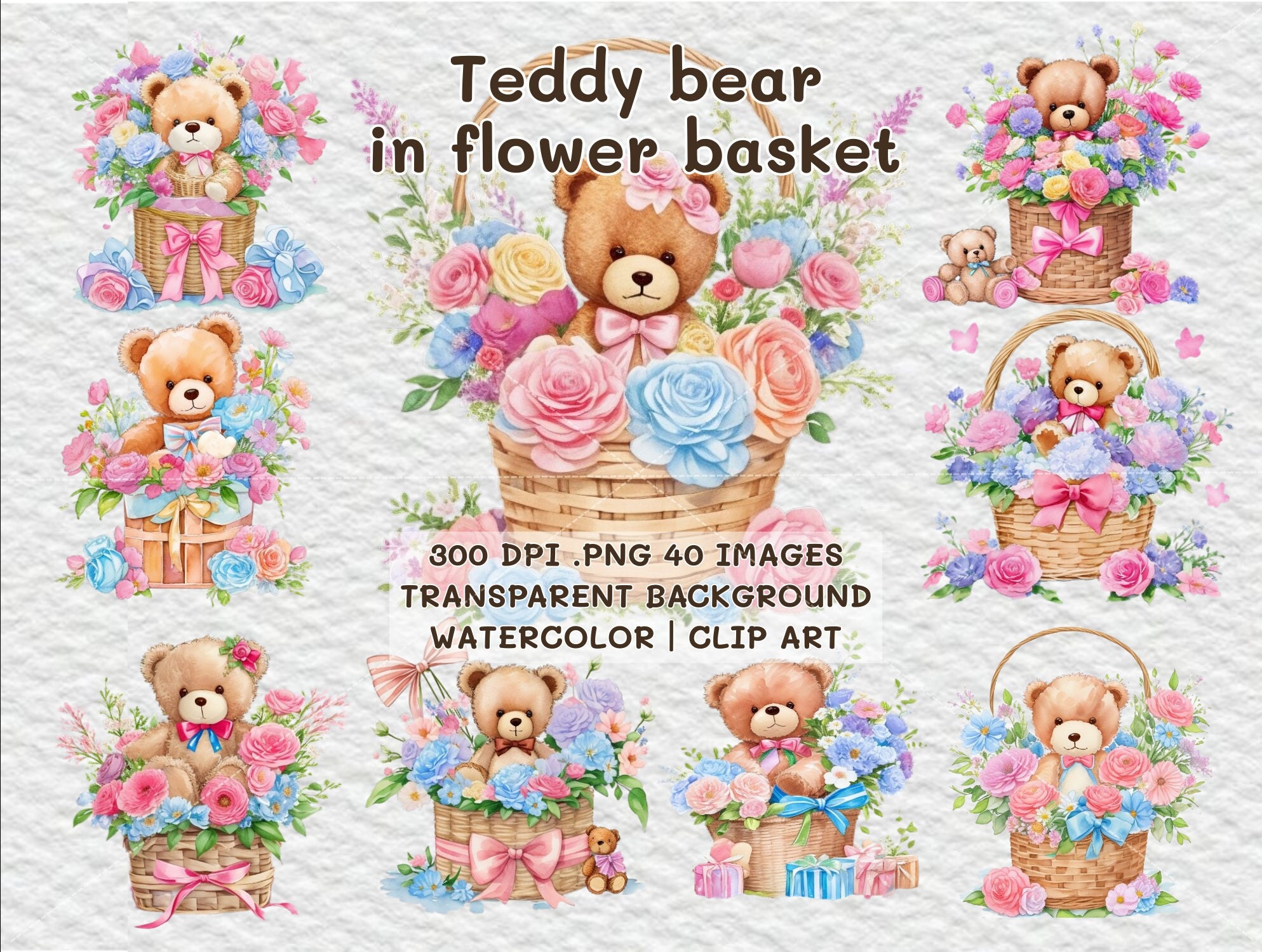 Watercolor Cute Teddy Bear in Basket, Clip Art, High Quality 40NPG ...