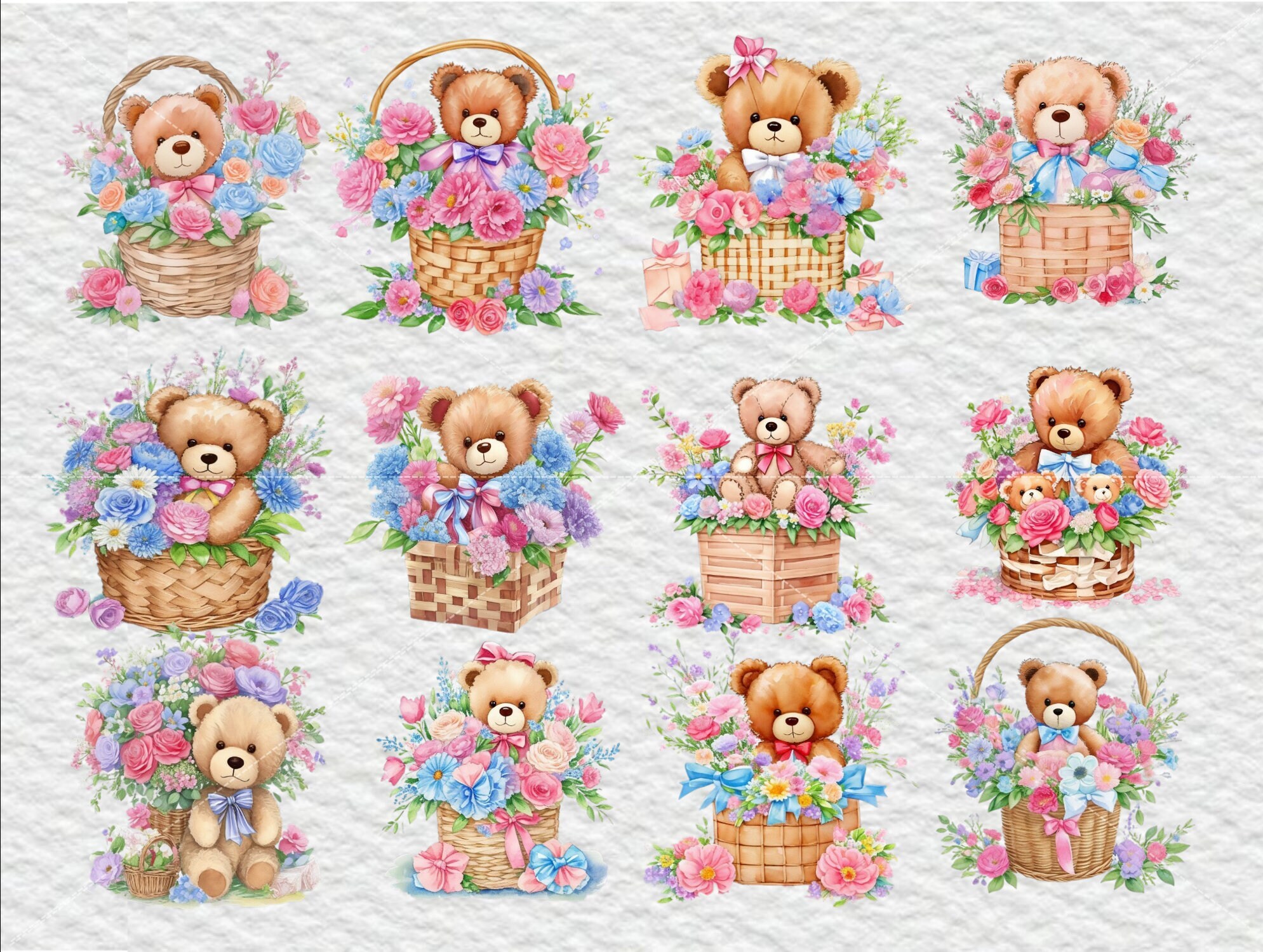 Watercolor Cute Teddy Bear in Basket, Clip Art, High Quality 40NPG ...
