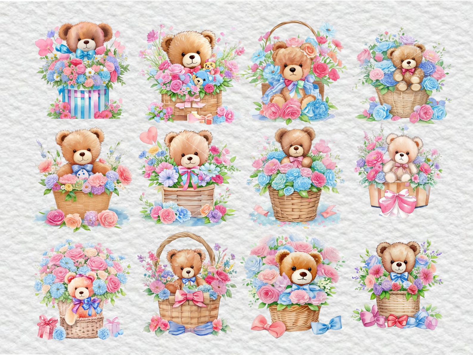 Watercolor Cute Teddy Bear in Basket, Clip Art, High Quality 40NPG ...