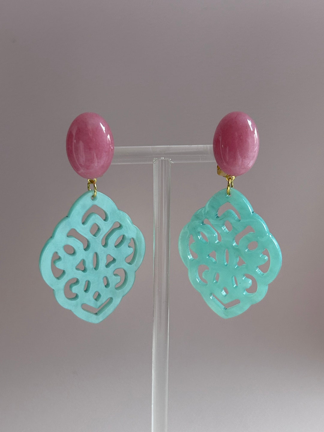 Ornamental Ear Clips Mint With Pink Cabochons Laury Goes Marrakesh - Etsy