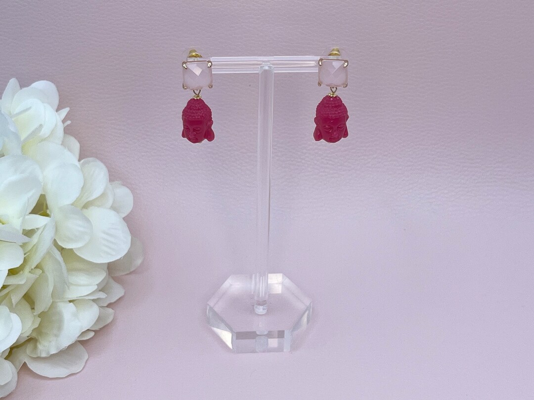 Statement Earrings, Hanging Earrings With Pink Buddhas on Gold-plated ...
