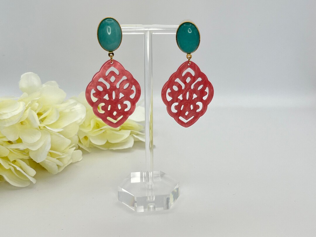 Light Ornamental Earrings, Hanging Earrings in Pink on Turquoise Jade ...