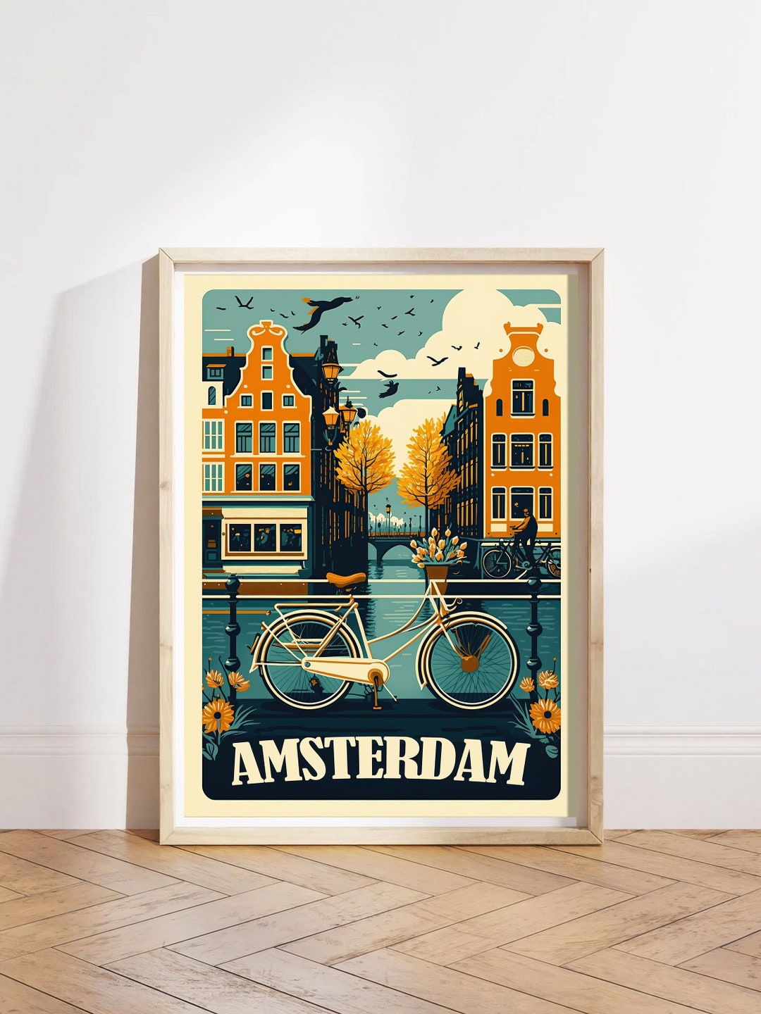 Amsterdam Retro Travel Poster, World Travel Art, Modern Colorful Wall ...