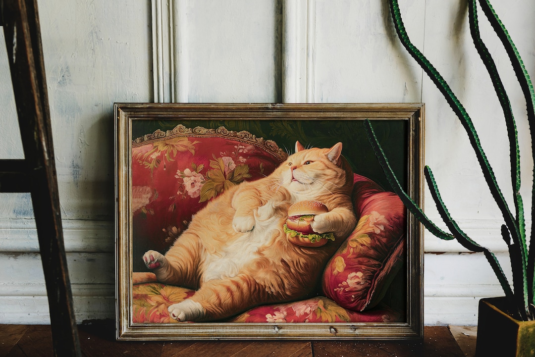 Fat Cat With Hamburger Vintage Painting Altered Art Funny Cat Poster ...