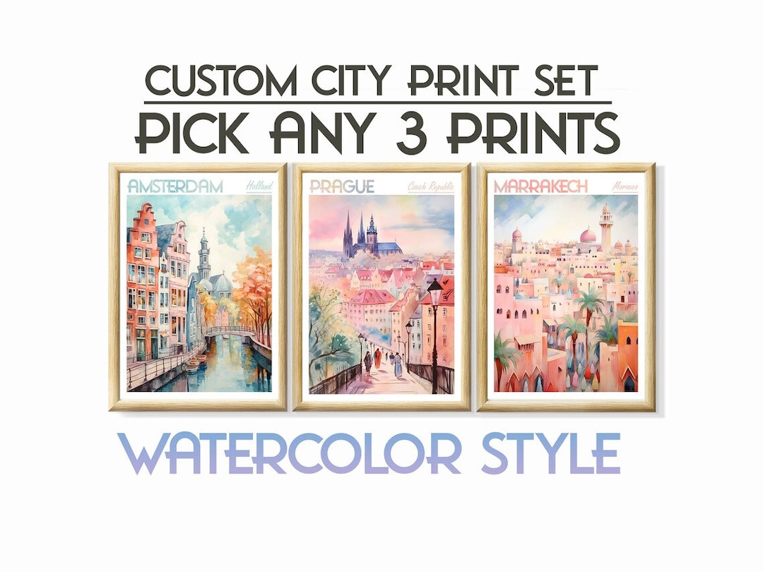 Custom Set of 3 Watercolor City Prints, ANY City ANY Country City ...