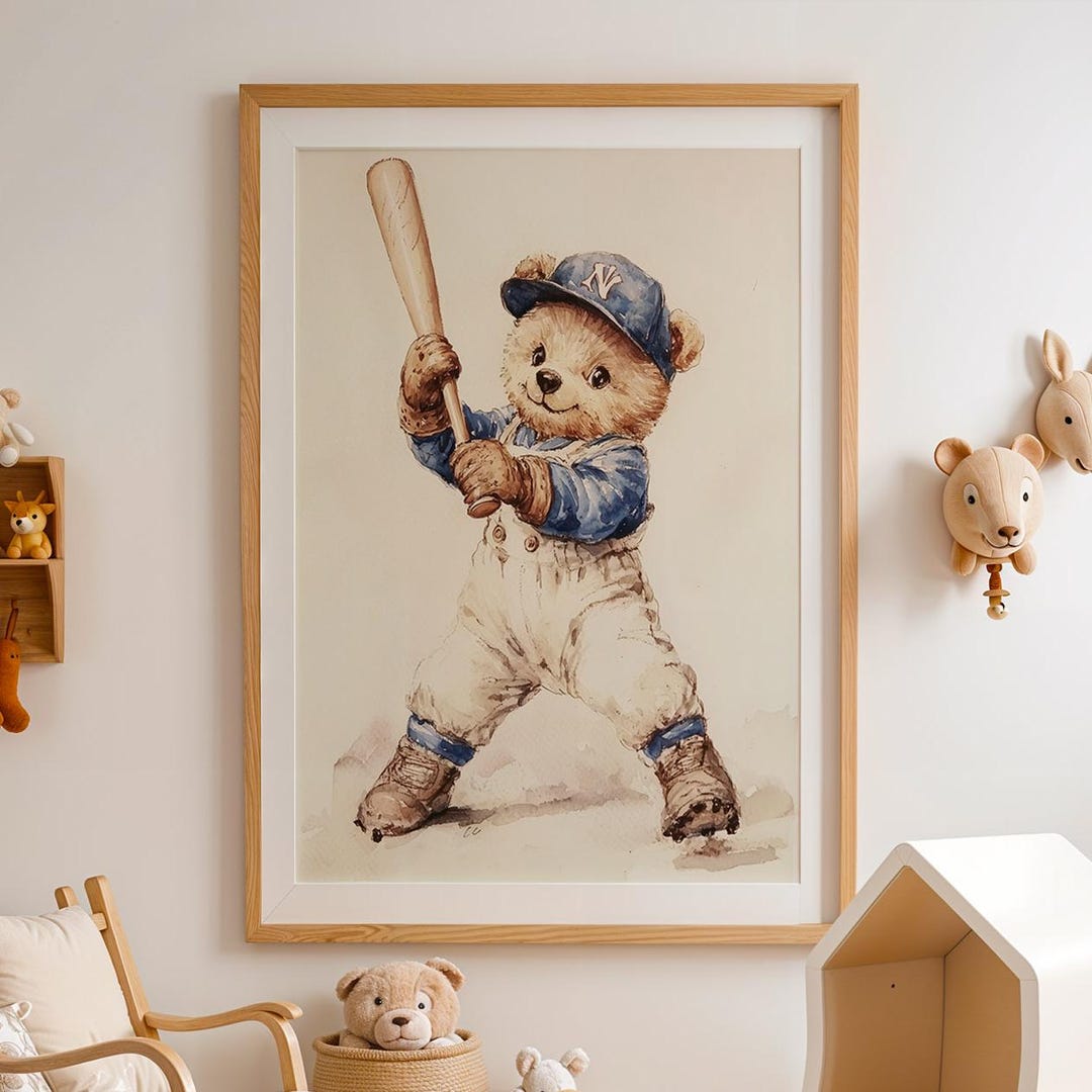Vintage Illustration of a Bear Playing Baseball Watercolor Retro ...
