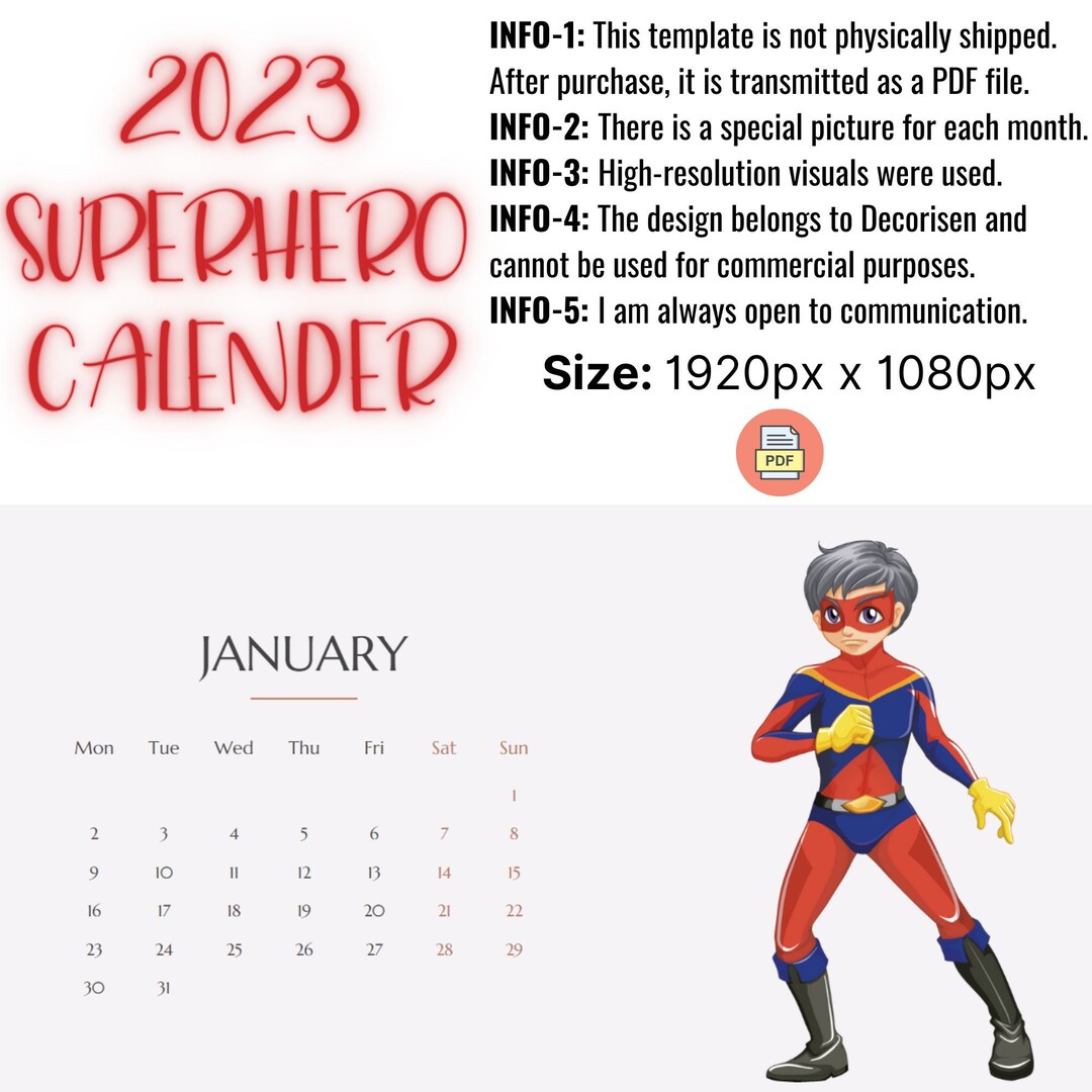 2023 Superhero Kid Calendar, Calendar for Children, 2023 Children, Hero ...