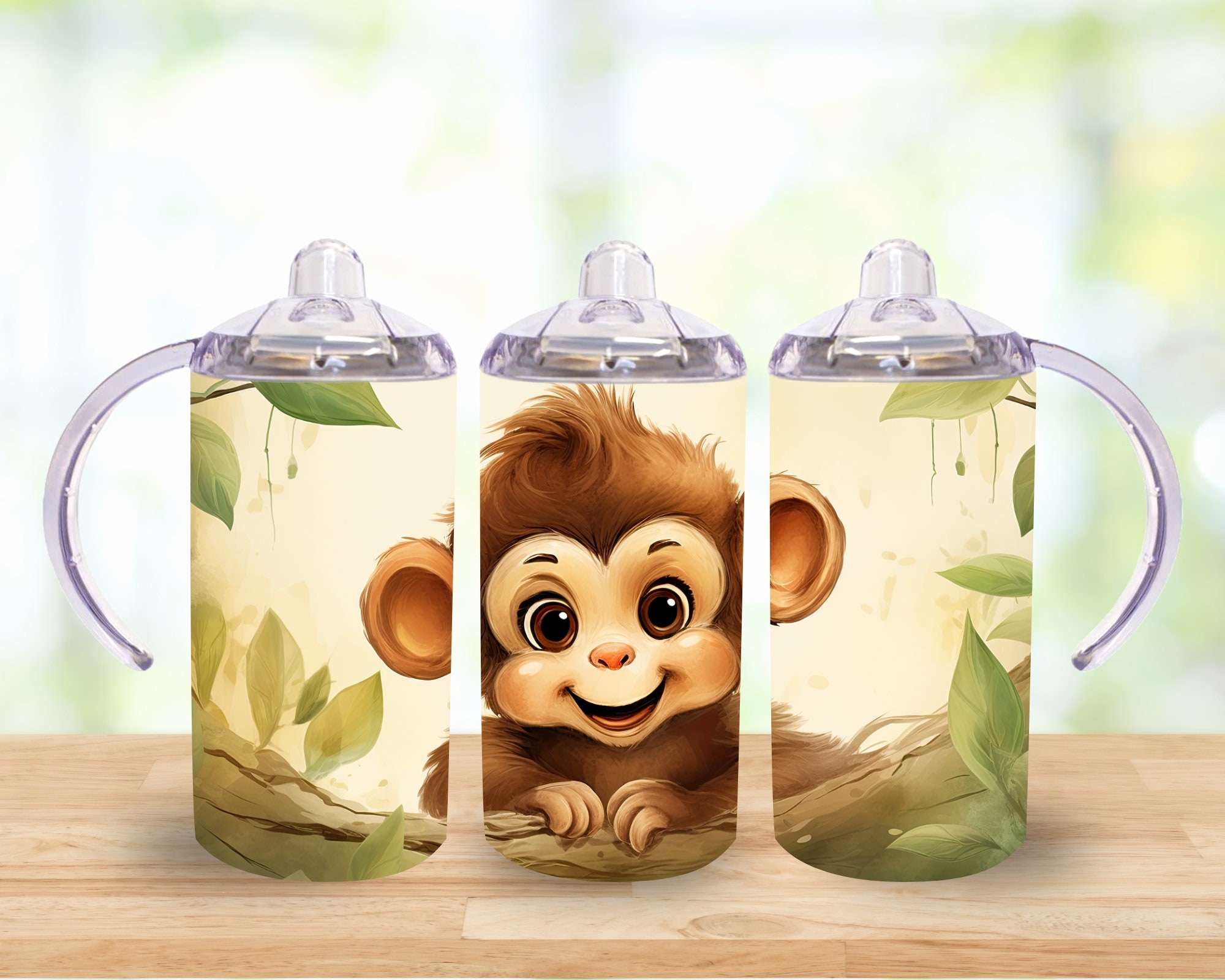 Safari Monkey 12oz Kids Sippy Cup Wrap Sublimation Design Watercolor ...