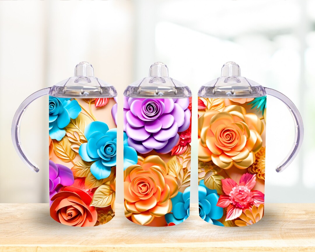 3D Gold Flowers Sippy Cup Tumbler Sublimation Wrap, 12oz Kids Floral ...