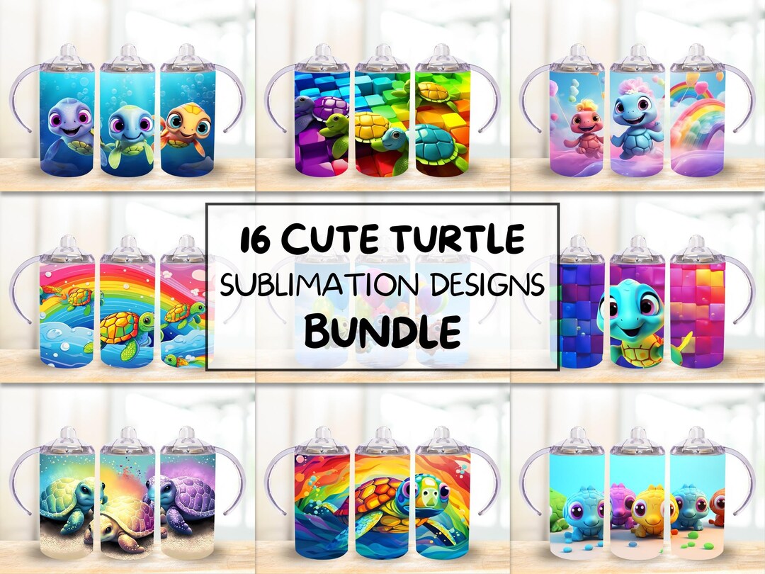 16 Cute Turtle Sippy Cup Designs Sublimation Wrap Bundle, 12oz PNG ...