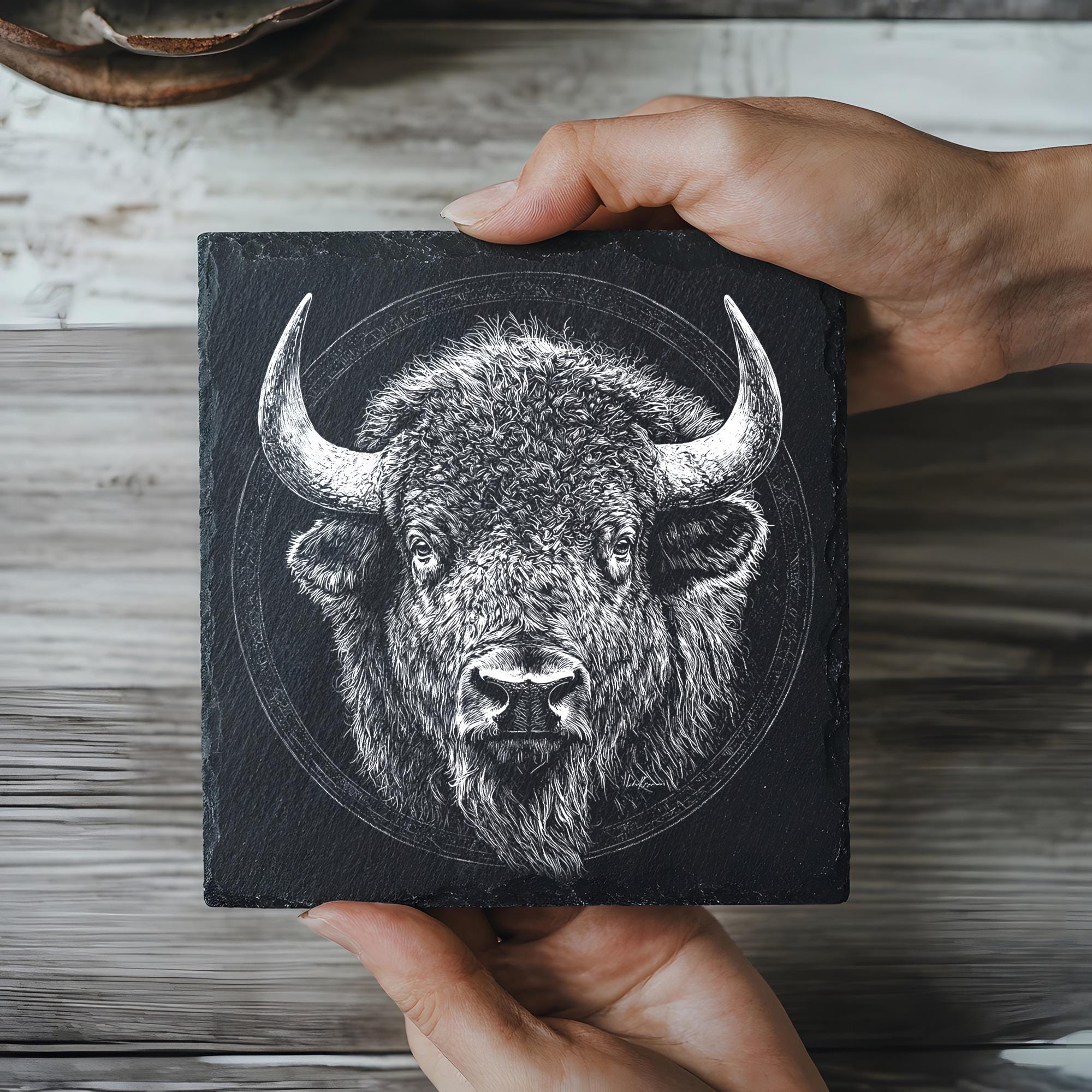 Bison Laser Engraving PNG, Slate Coaster Engrave File, PNG Buffalo ...