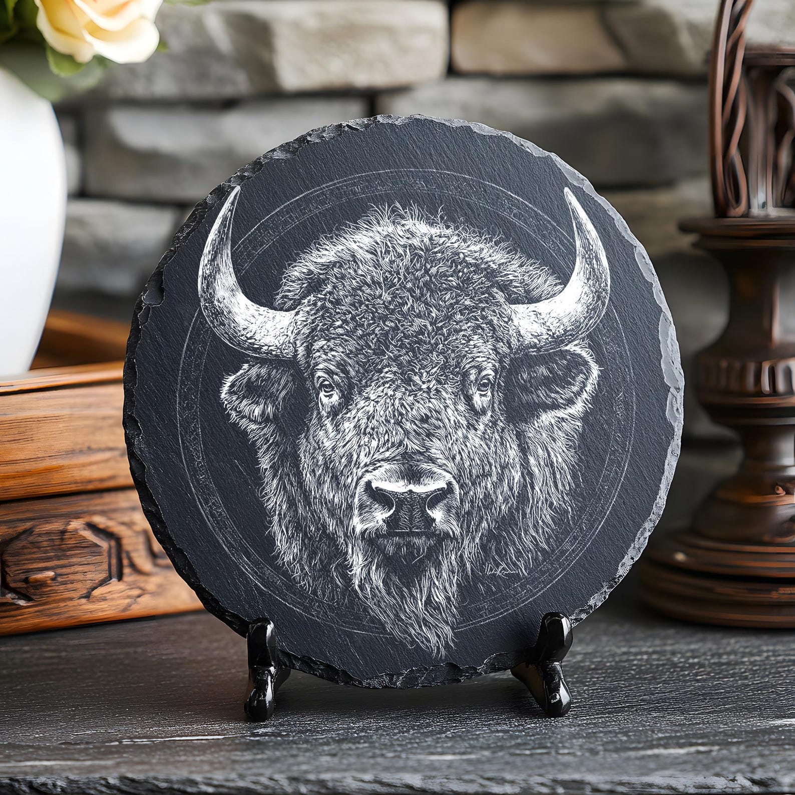 Bison Laser Engraving PNG, Slate Coaster Engrave File, PNG Buffalo ...