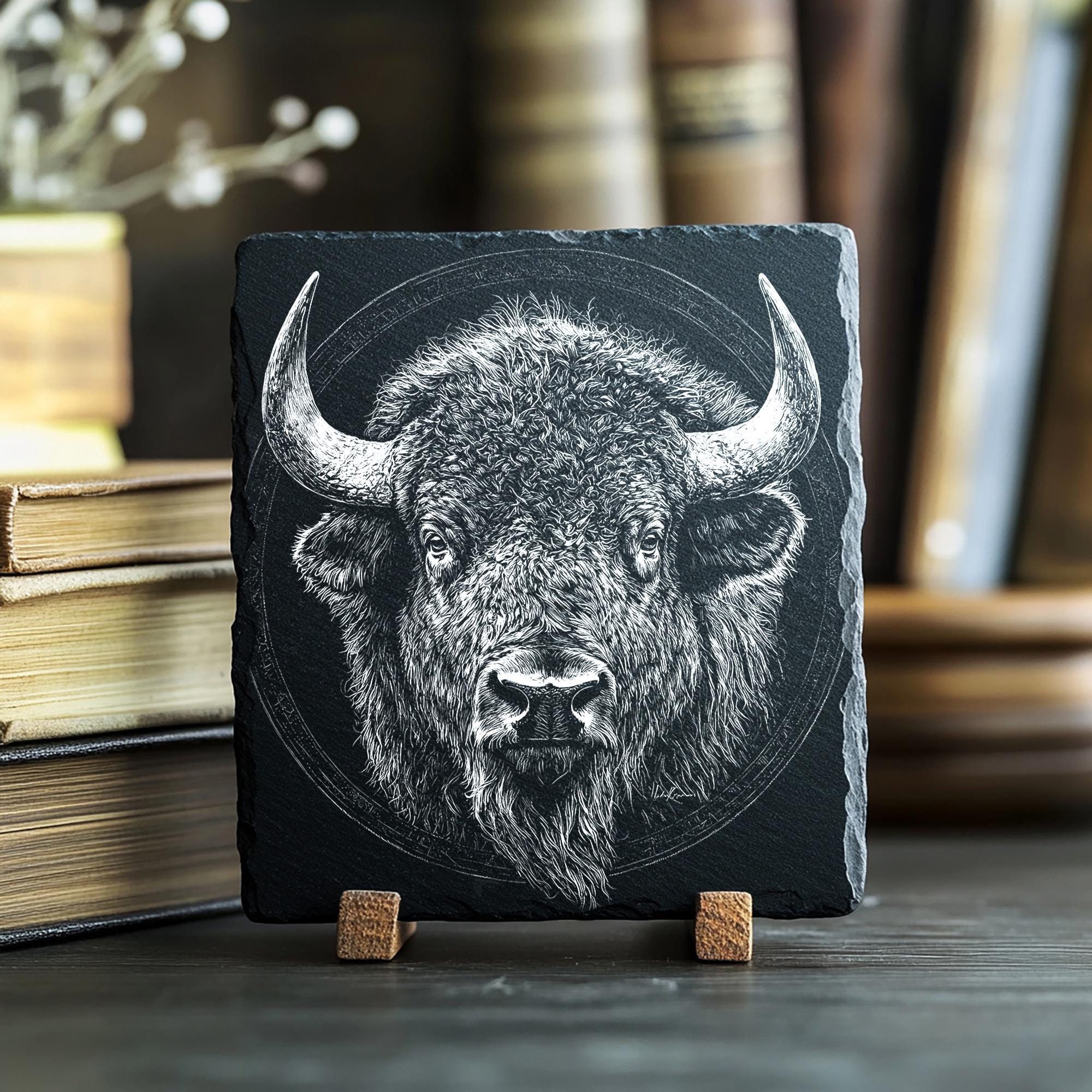 Bison Laser Engraving PNG, Slate Coaster Engrave File, PNG Buffalo ...
