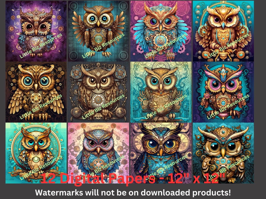Steampunk Owls Digital Paper Printable Scrapbook Paper, Journal Paper ...