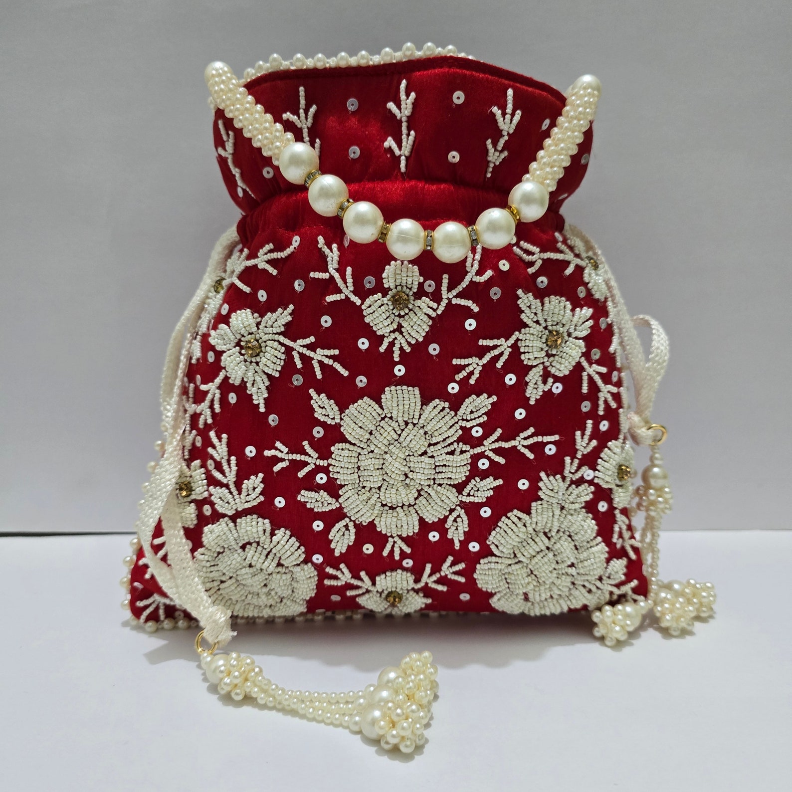 Red Potli With White Pearls Potli for Bridesmaid Potli for Bide Potli ...