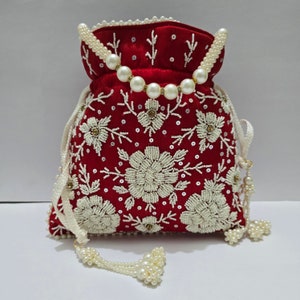 Red Potli With White Pearls Potli for Bridesmaid Potli for Bide Potli ...