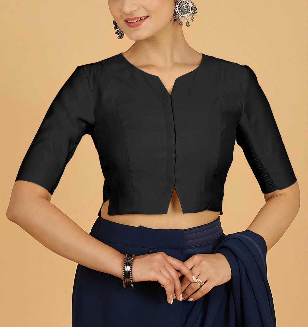 Long Saree Blouse Raven Black Blouse Cotton Blouse Formal Blouse Casual ...