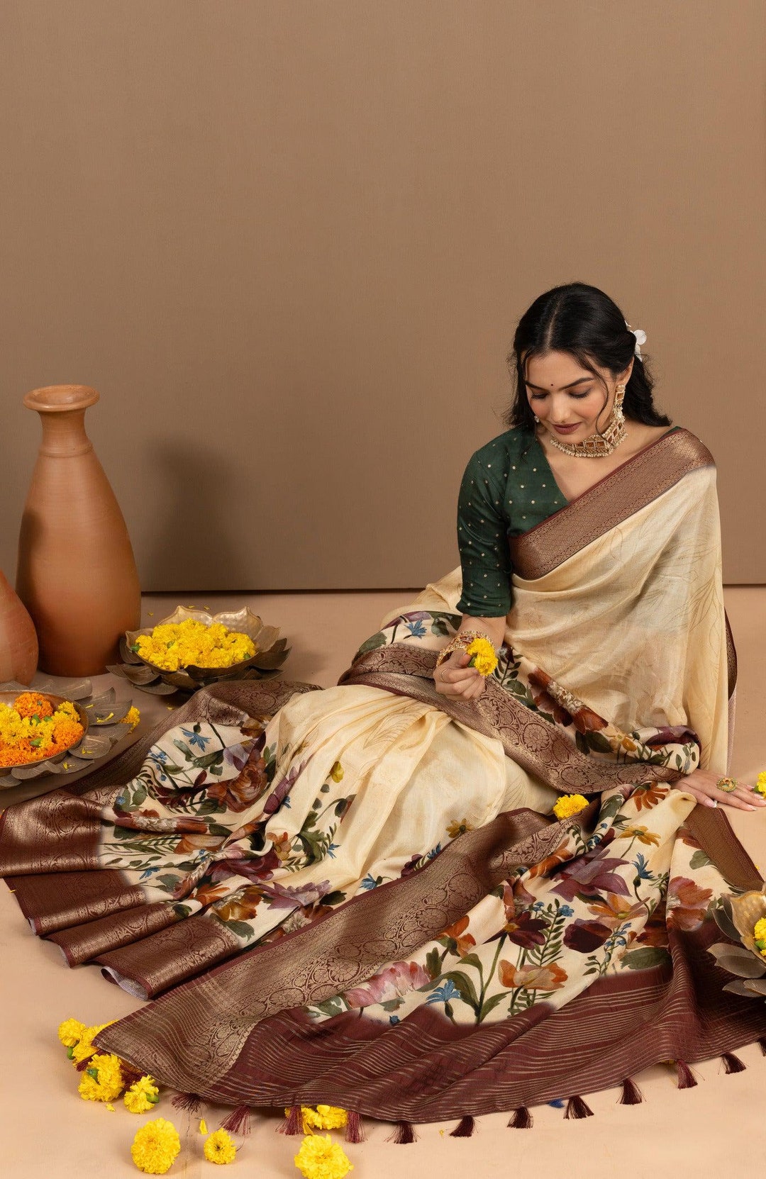 Phoolwari Cream Saree Dola Silk Saree Digital Print Saree Silk Saree ...