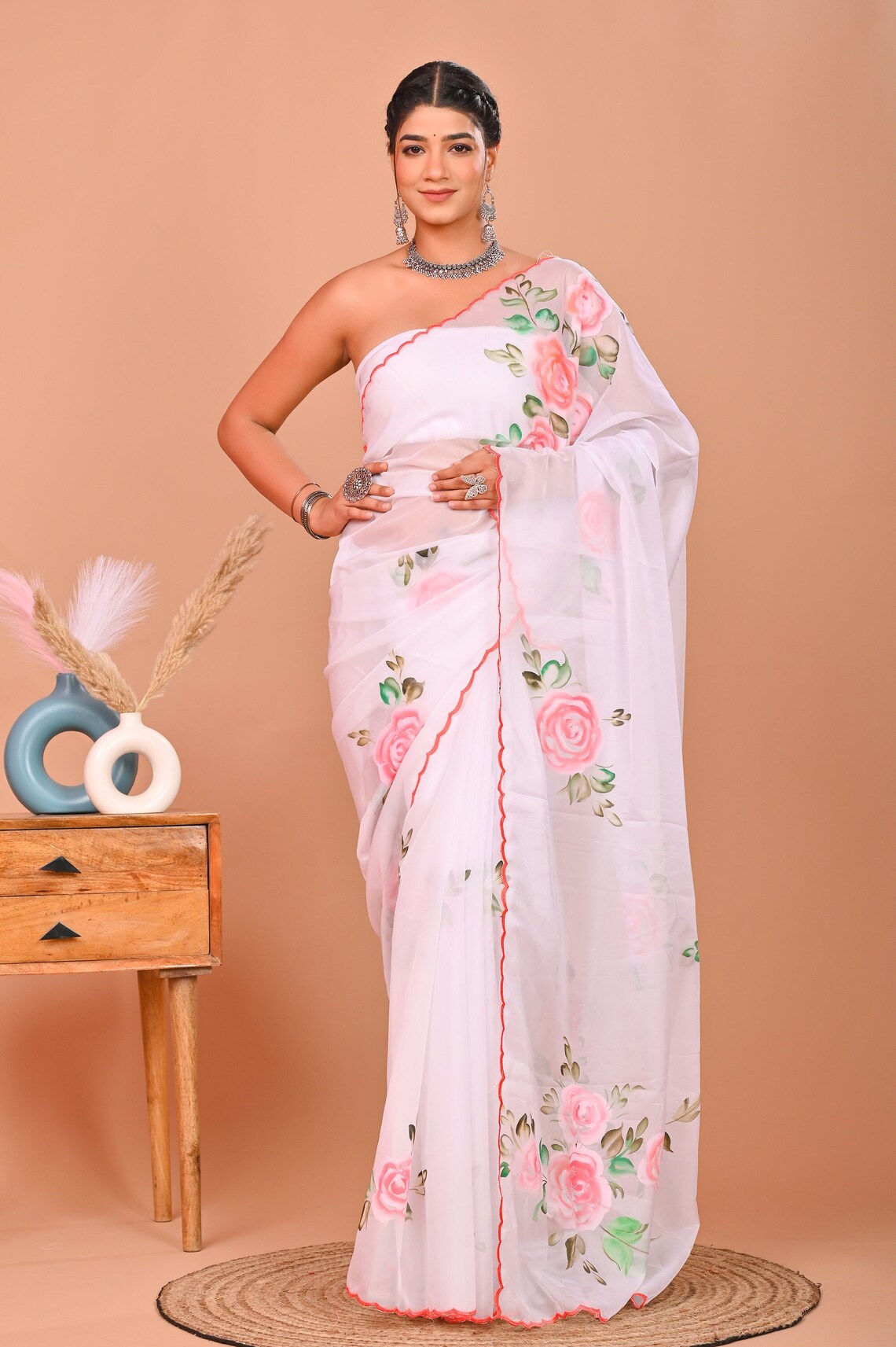 Saree Handpainted Saree for Wedding Gift Saree White Saree for Party ...